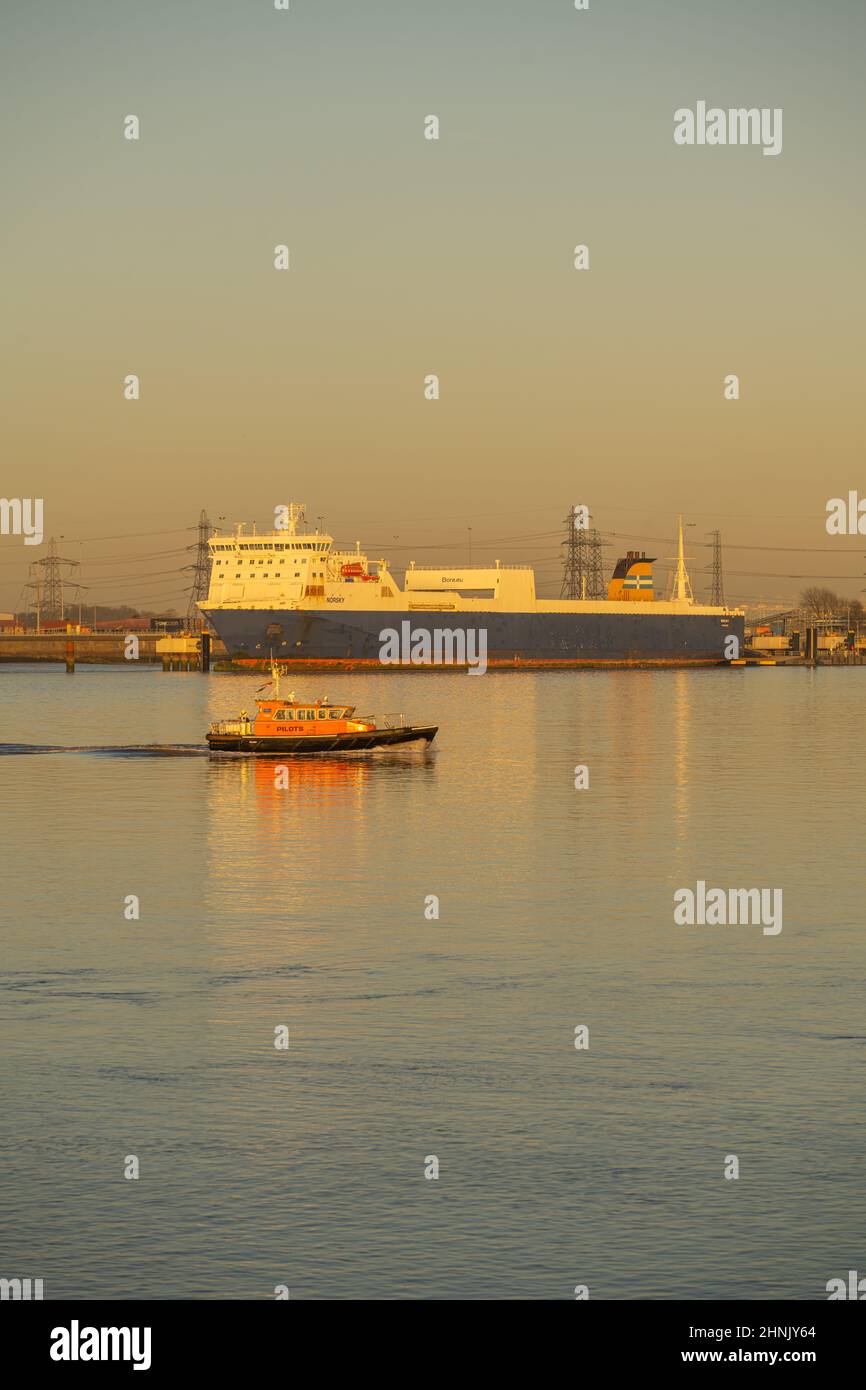 PLA pilot boat, and Norsky Ro-Ro ferry moored at Tilbury 2 from ...