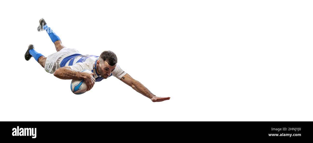 In action. Male rugby player catching ball in jump isolated on white ...