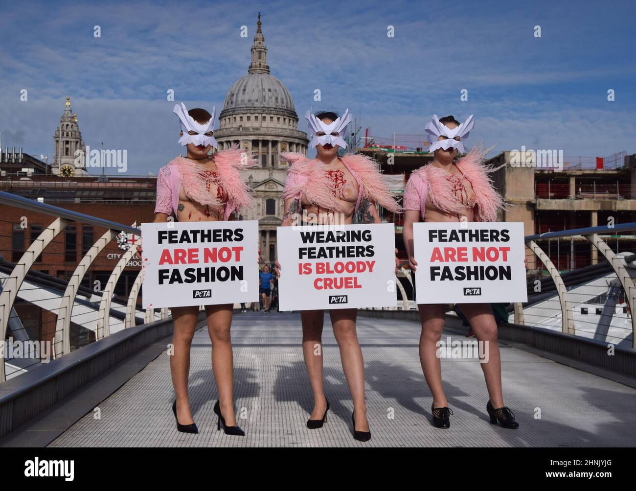 London, UK. 17th February 2022. PETA activists wearing bird masks and ...