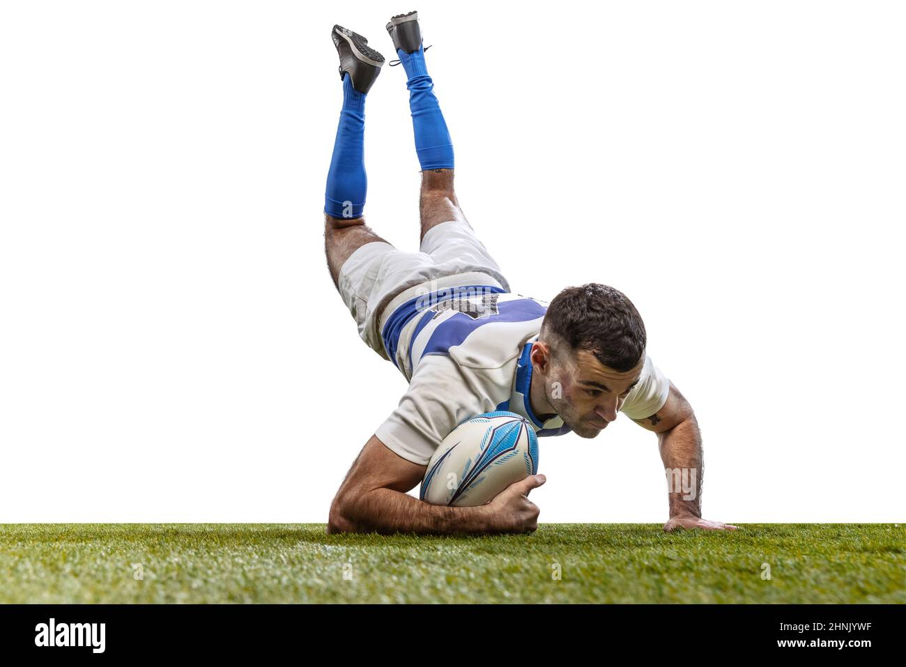 In action. Male rugby player catching ball in jump isolated on white ...