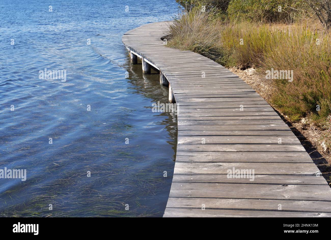 wooden footbridge over water at the shore of a lake Stock Photo - Alamy