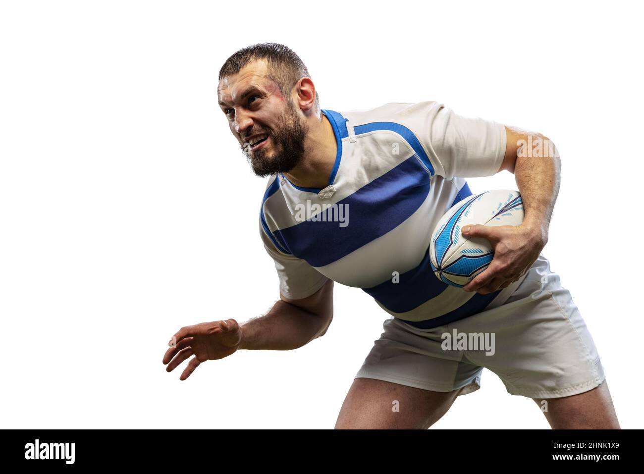 Defensive play. One male rugby players playing rugby football isolated ...