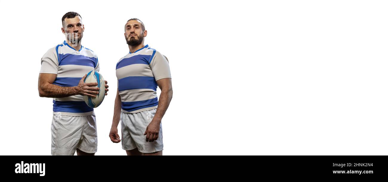 Flyer with portraits of strong athletes, rugby players standing ...