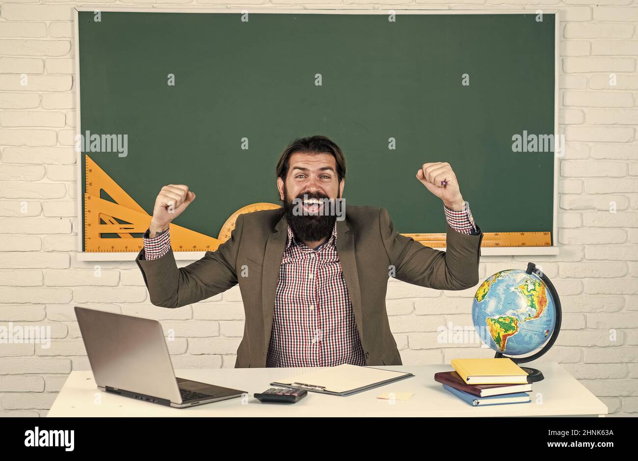 happy man teacher on laptop screen watching online course, modern ...