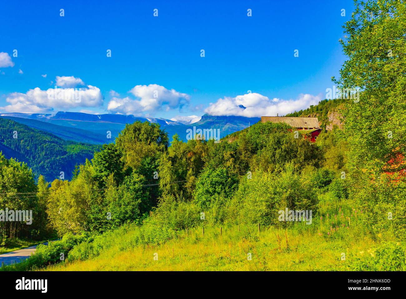 Mountain panorama and huts in Vang i Valdres, Innlandet, Norway Stock ...