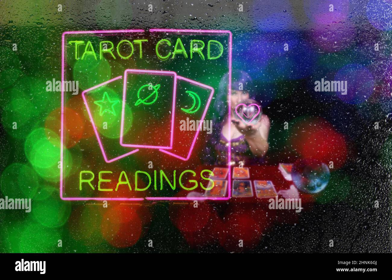 Tarot Card Readings Neon Sign in Window with Psychic Tarot Card Reader ...