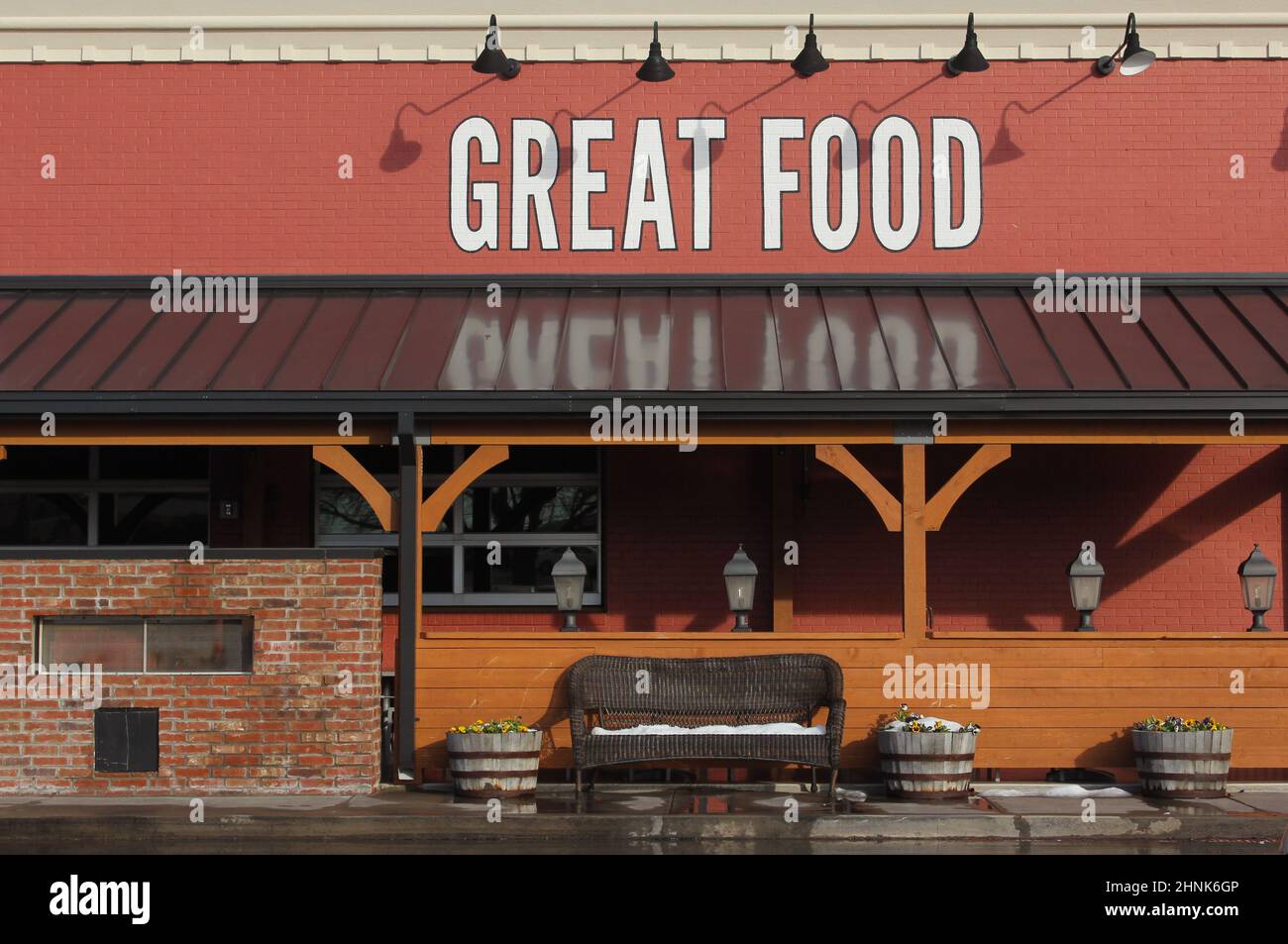 Great Food Sign With Bench Covered in Snow Small Town Local Restaurant ...
