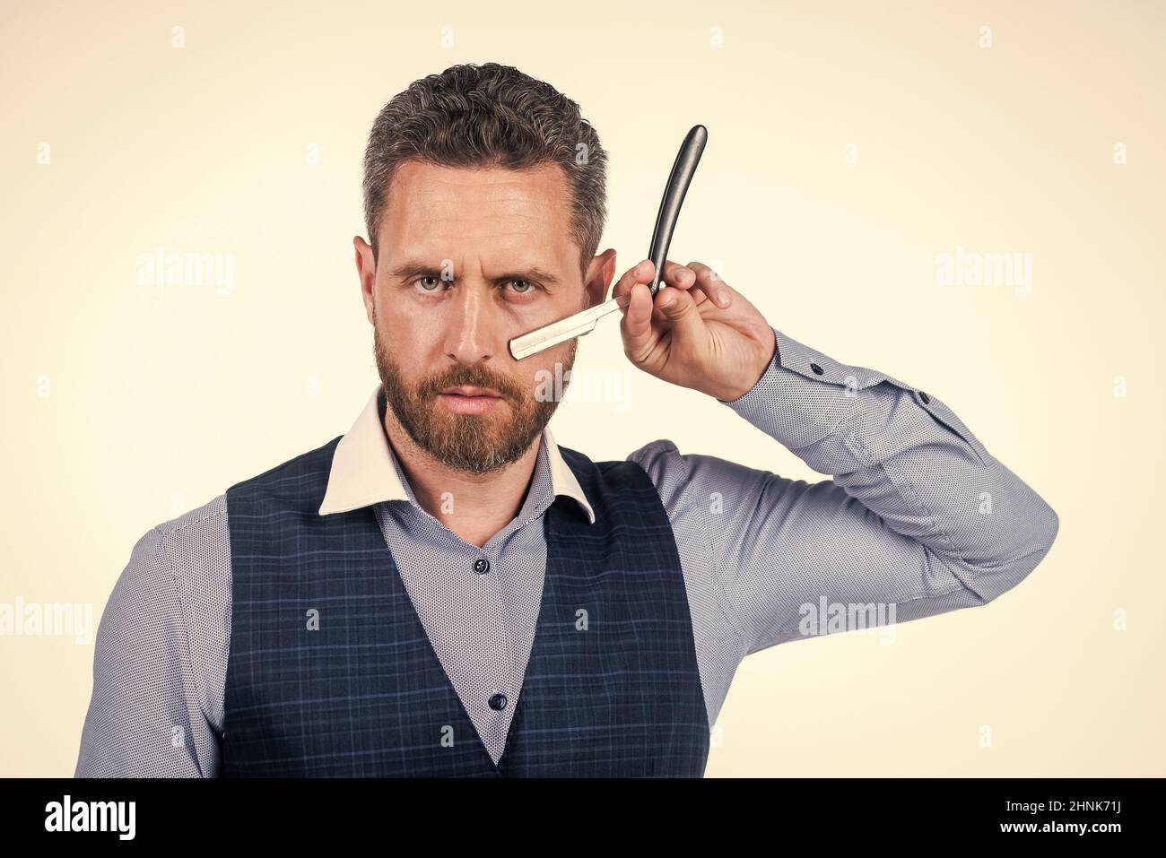 handsome man hold retro razor blade, shaving Stock Photo - Alamy