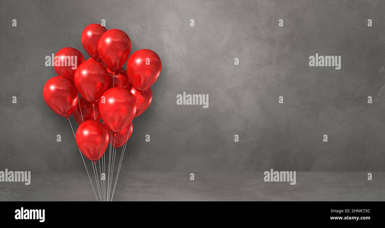 Red balloons bunch on a grey wall background. Horizontal banner. 3D ...
