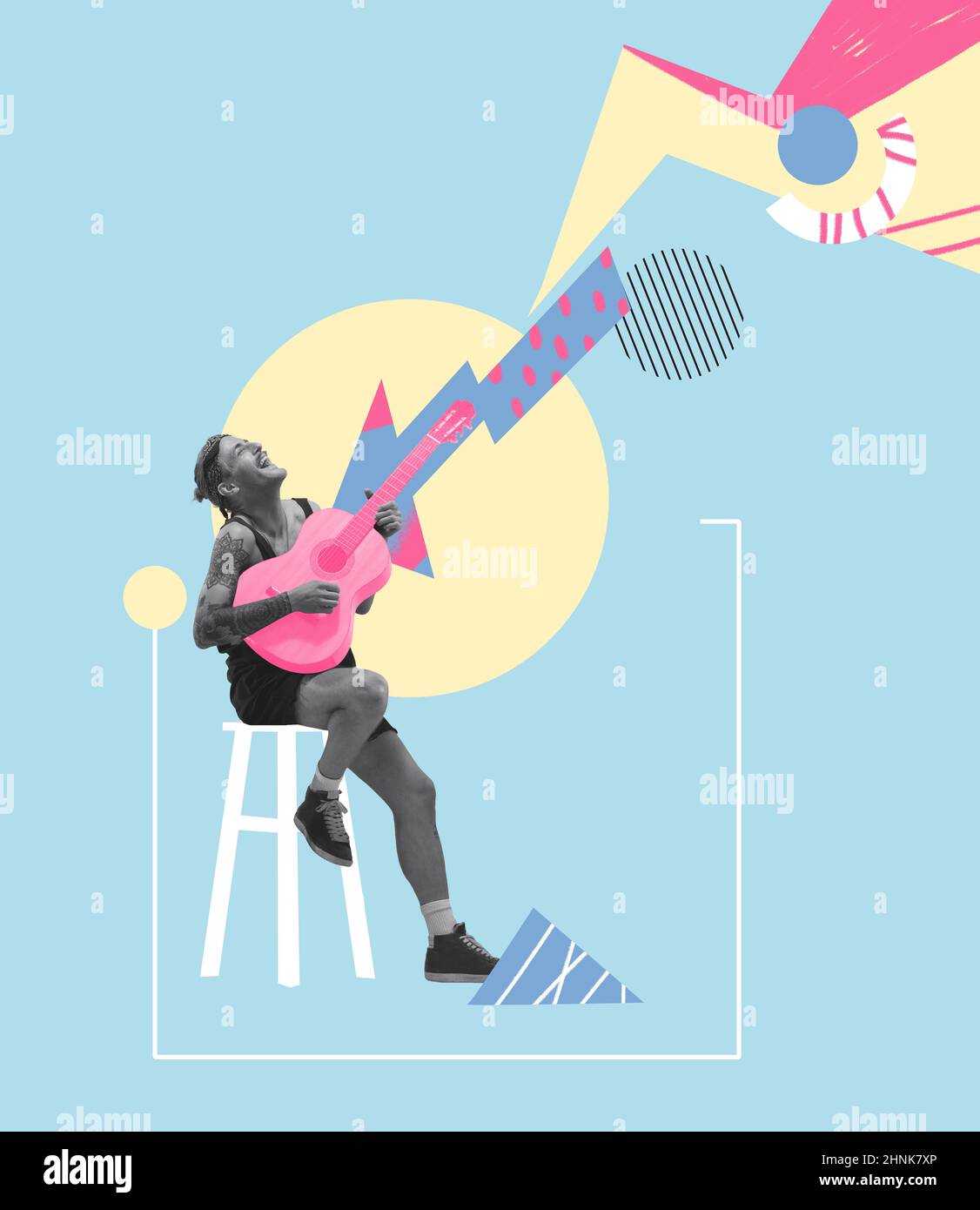 Happy performer playing guitar on blue color background with geometric ...