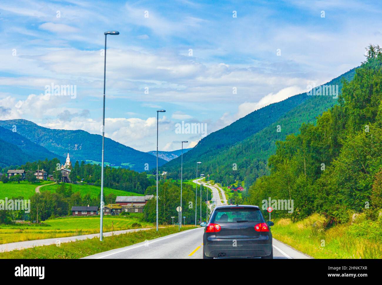 Driving through Norway in summer view of mountains and forests Stock ...
