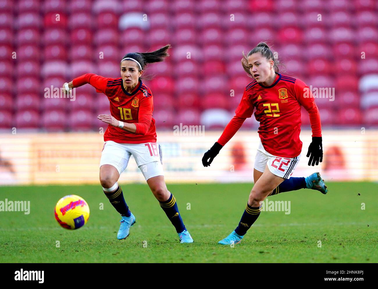 Spain's Marta Cardona (left) and team-mate Claudia Pina in action ...