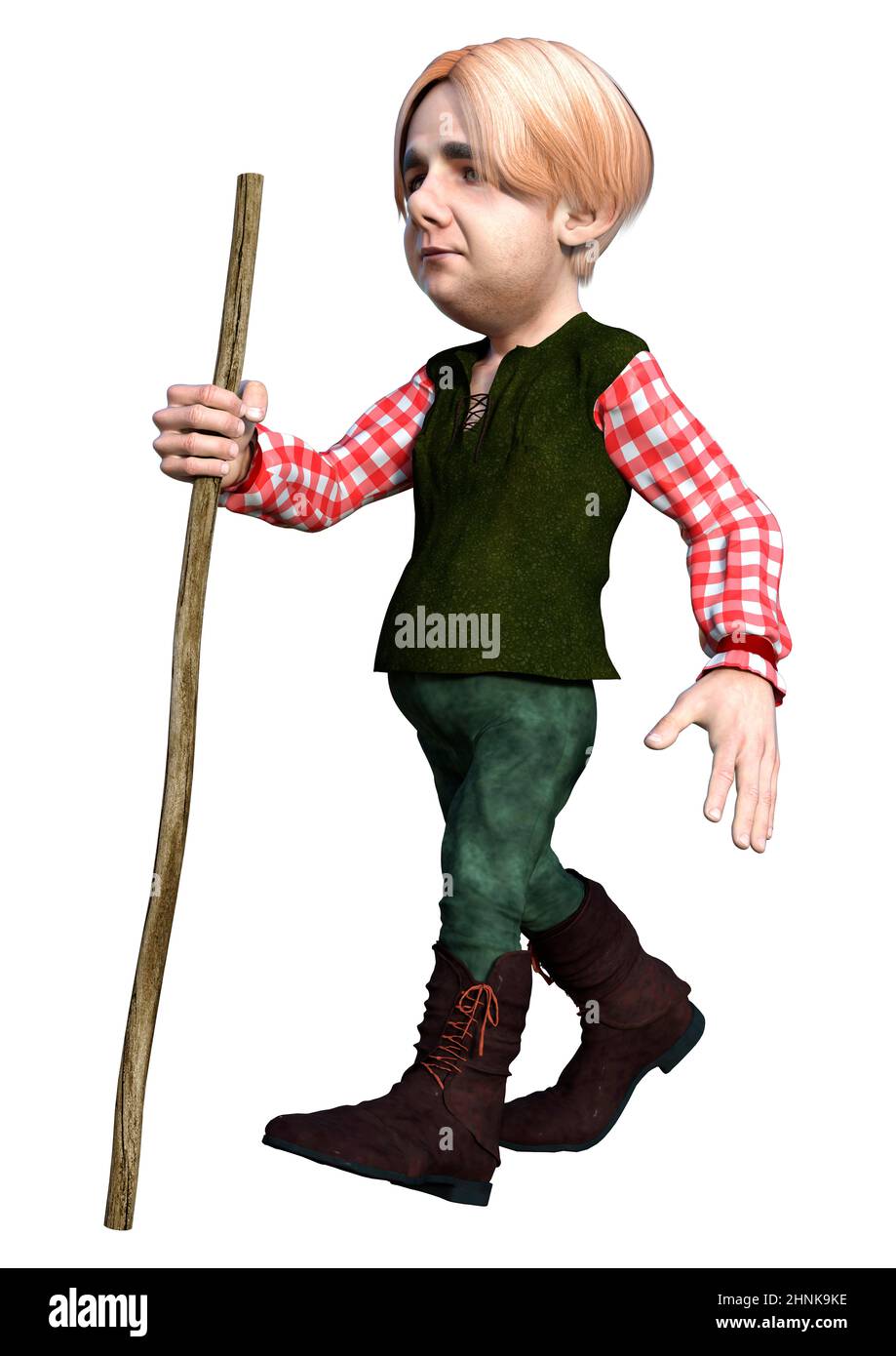 3D rendering of a fantasy dwarf walking with a stick isolated on white ...