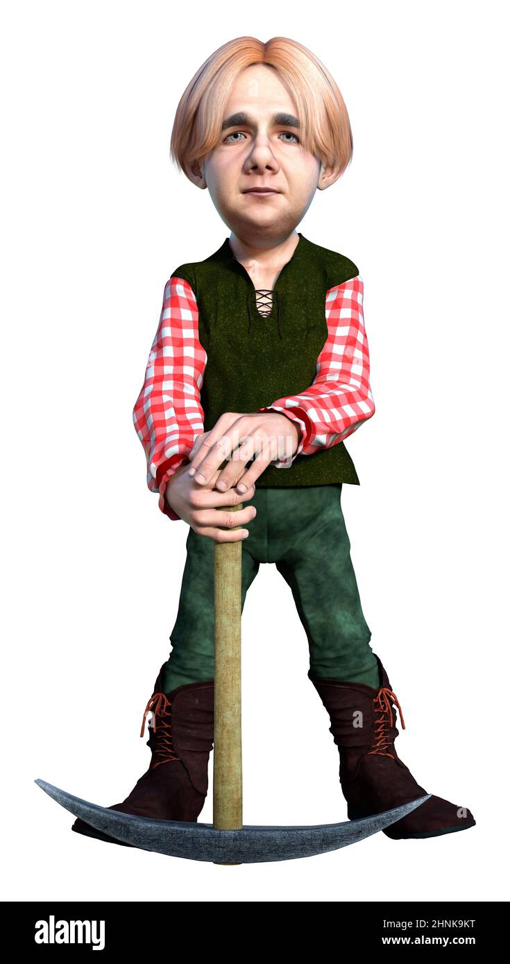 3D rendering of a fantasy dwarf holding an iron pick axe with a wooden ...
