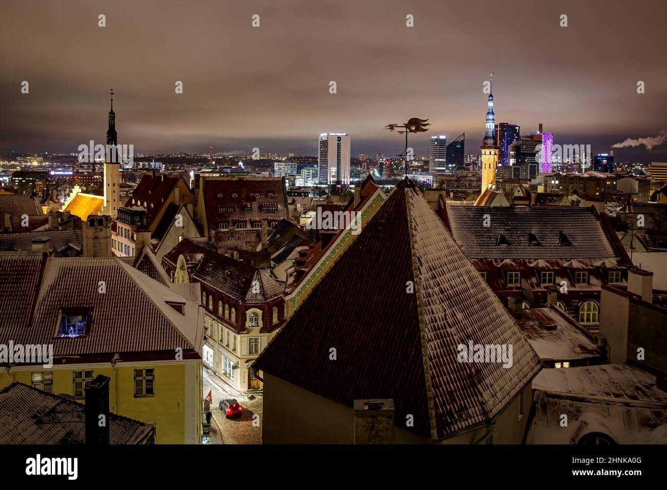 Tallinn old town at night. Capital of Estonia winter panorama. The snow ...