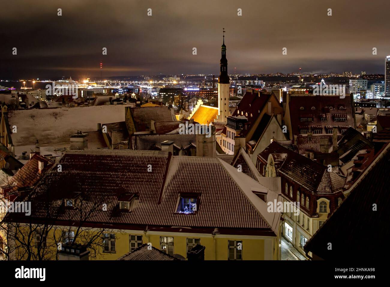 Tallinn old town at night. Capital of Estonia winter panorama. The snow ...