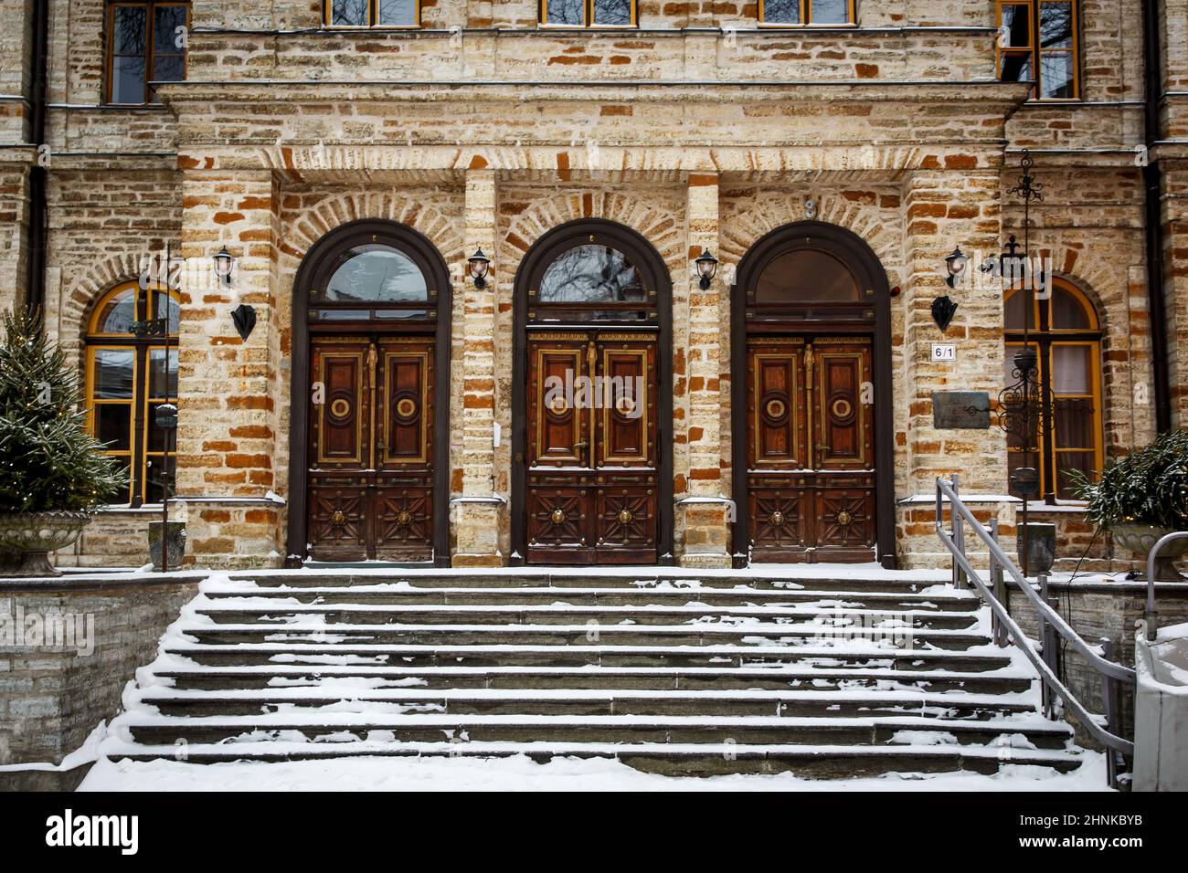 Beautiful entrance to an old building. Stairs and wooden doors Stock ...