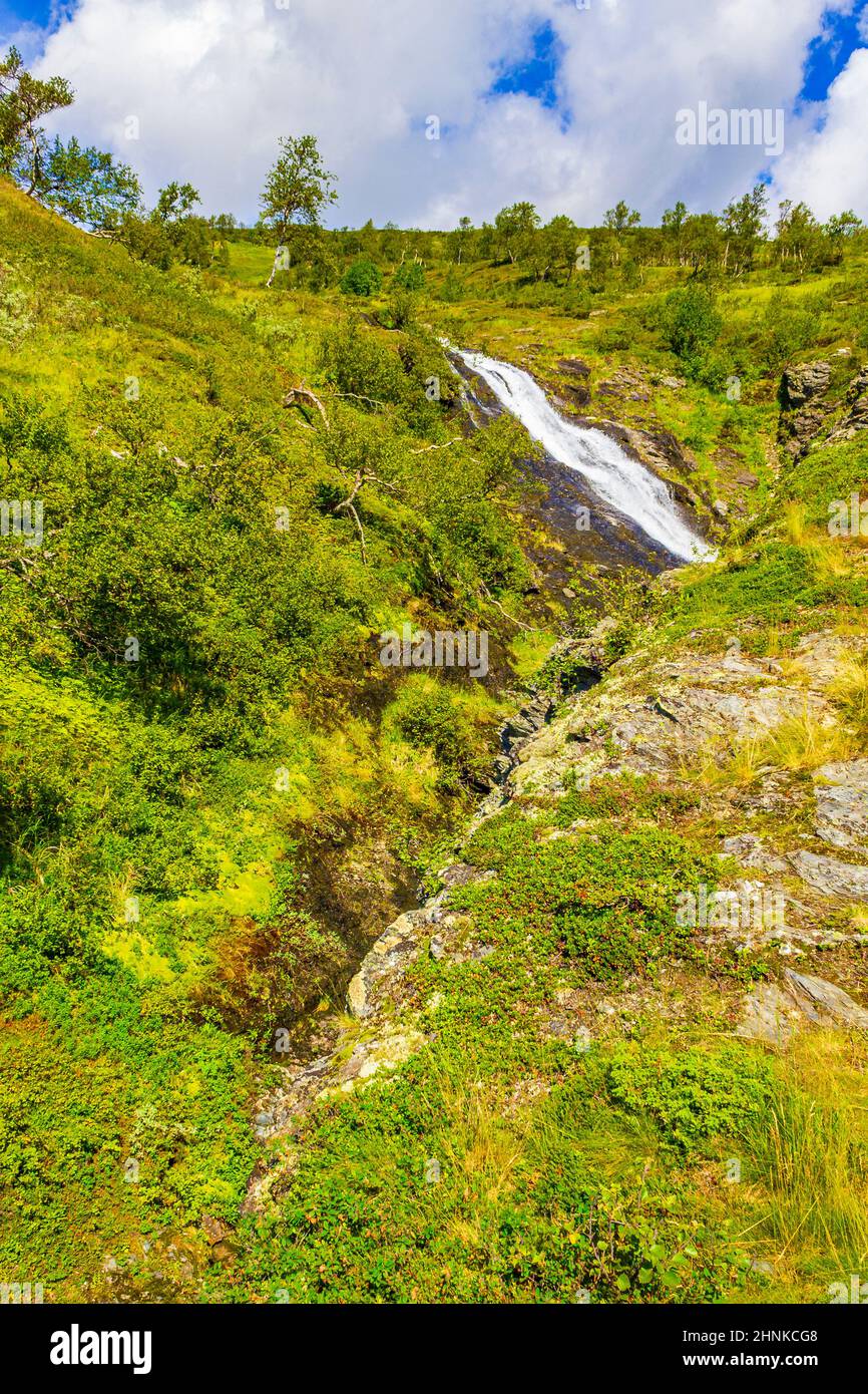 Amazing norwegian landscape with beautiful river waterfall in Vang i ...