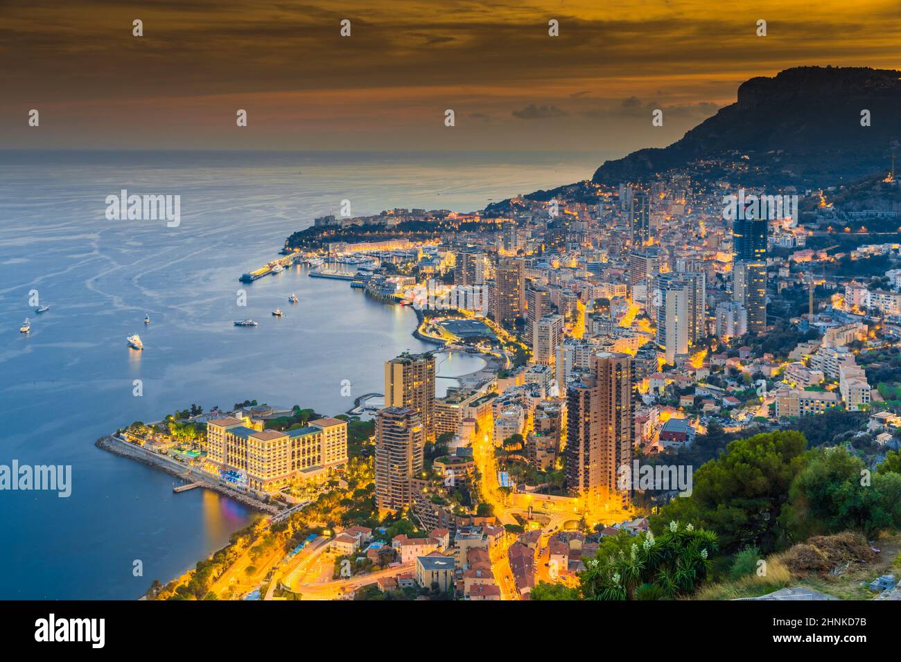 Aerial view of Monaco - Monte-Carlo at dusk, cityscape with night ...