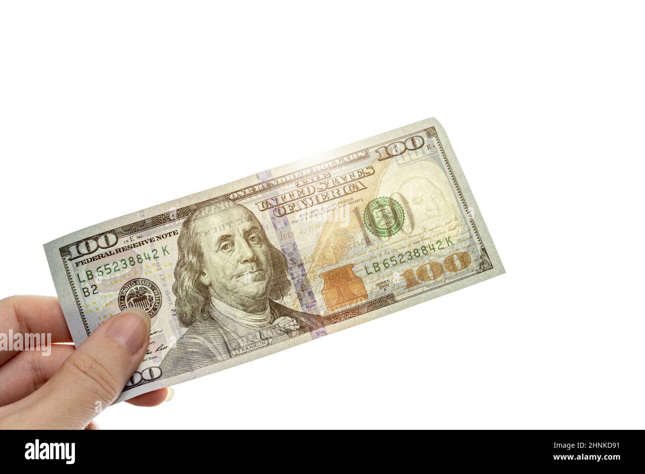 New sample money. Close up perspective view of hundred-dollar bill in ...