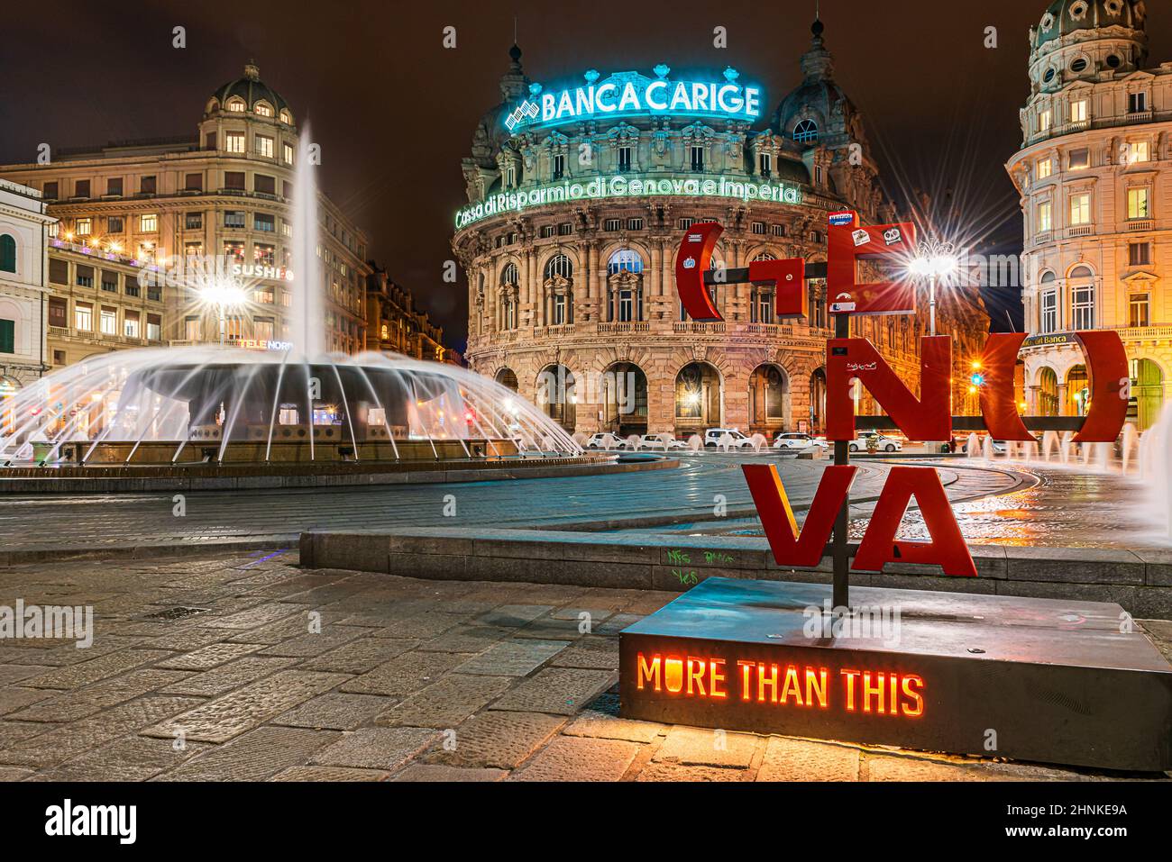 Piazza De Ferrari in Genoa by night and Genova logo Stock Photo - Alamy