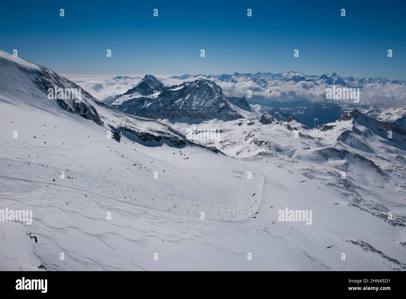 the black ski slope of Ventina from Plateau Rosa to Cervinia Stock ...