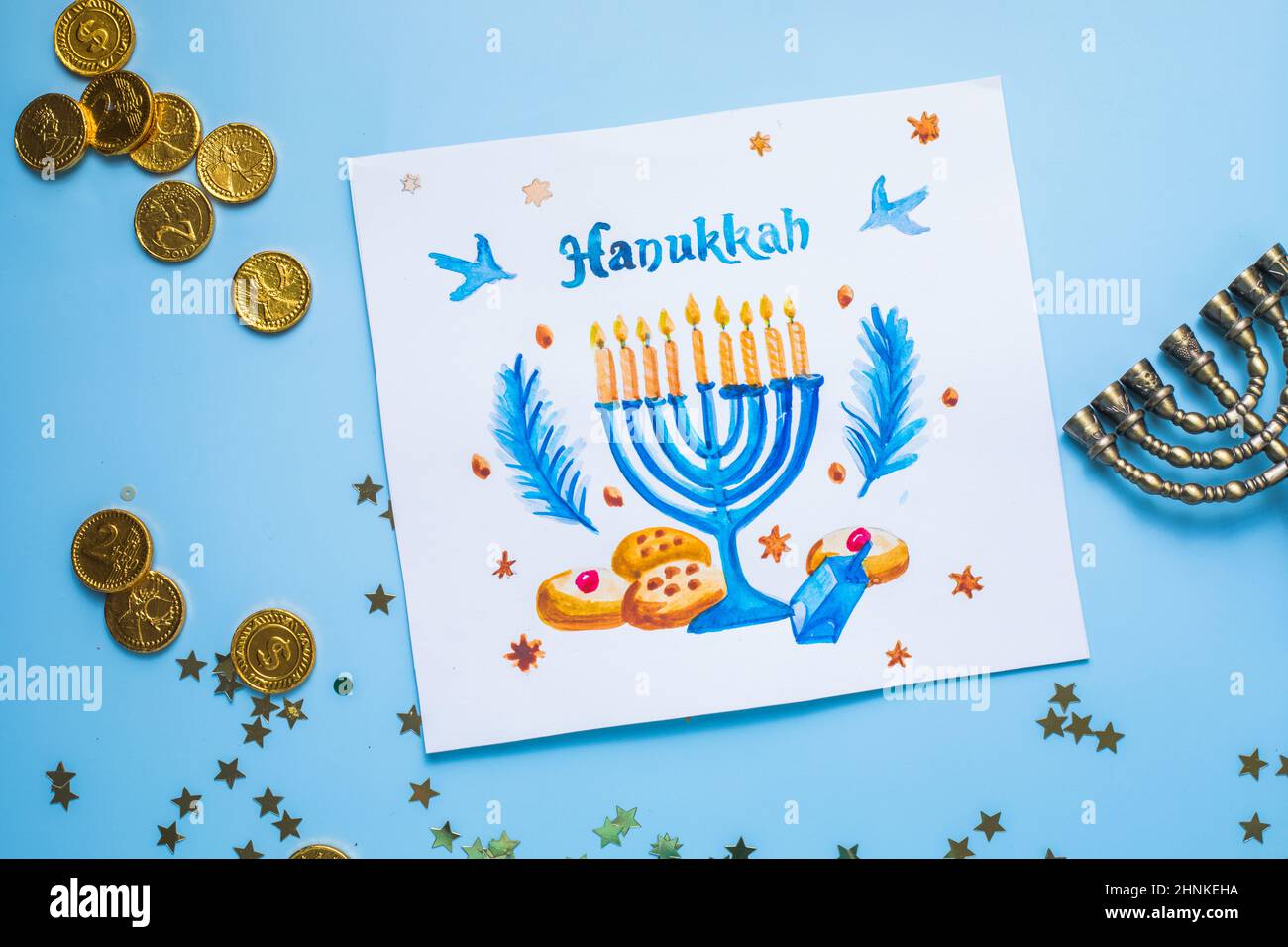Hanukkah symbols flat lay. Traditional jewish holiday greeting card ...