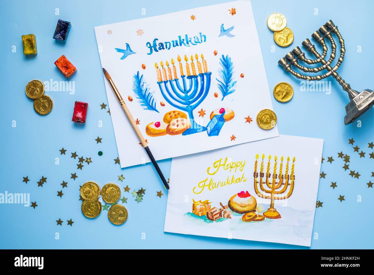 Hanukkah symbols flat lay. Traditional jewish holiday greeting card ...