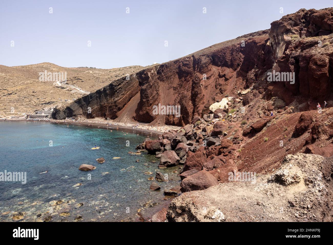 The famous Red beach on the south coast of Santorini island, Cyclades ...