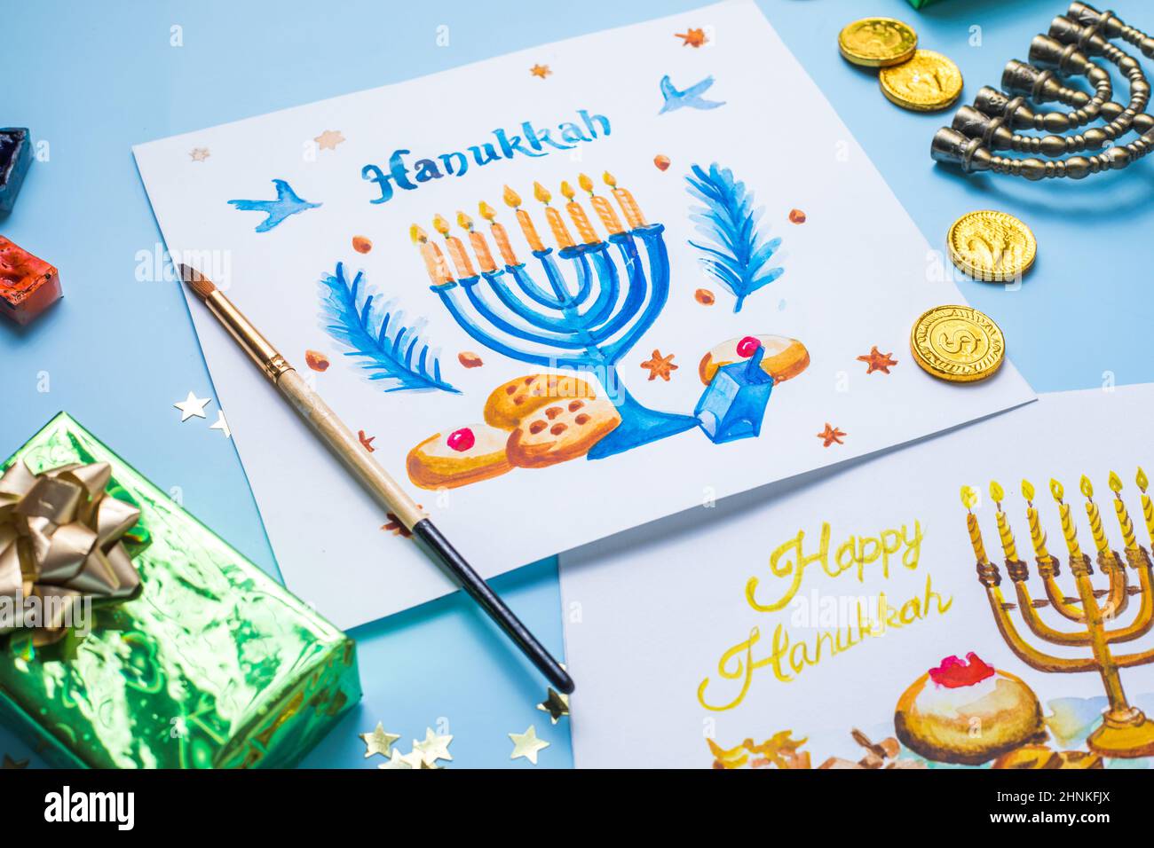 Hanukkah symbols flat lay. Traditional jewish holiday greeting card ...