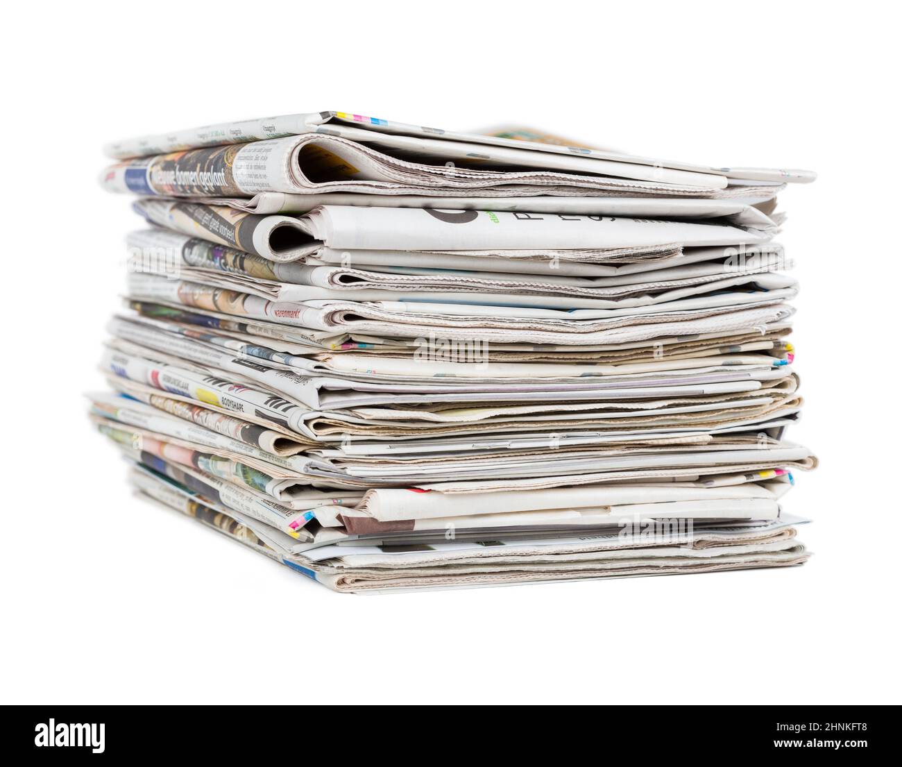 Pile of generic newspapers isolated on white background Stock Photo - Alamy