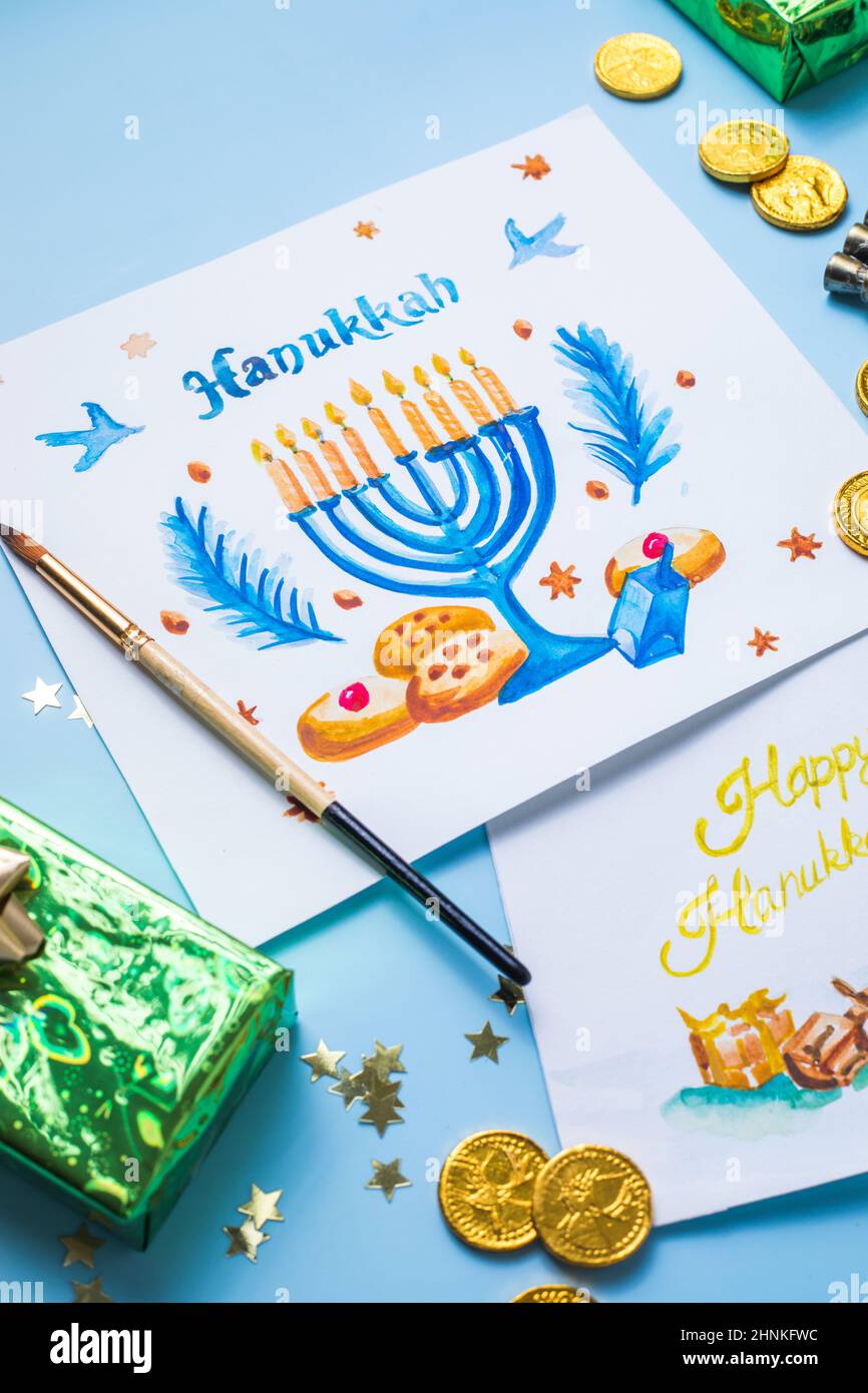 Hanukkah symbols flat lay. Traditional jewish holiday greeting card ...