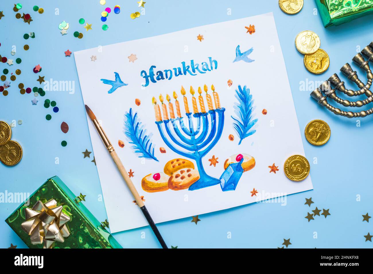 Hanukkah symbols flat lay. Traditional jewish holiday greeting card ...
