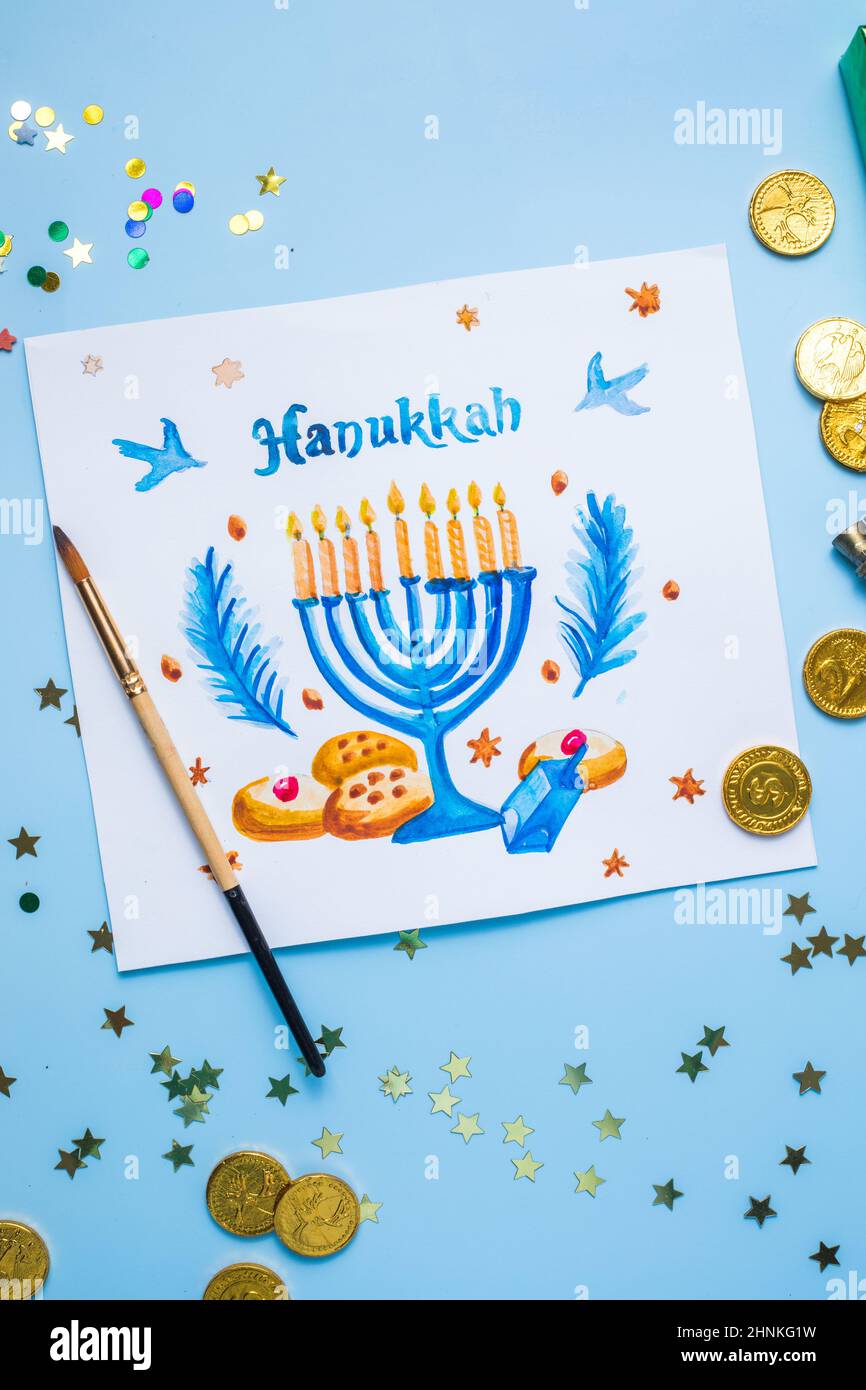 Hanukkah symbols flat lay. Traditional jewish holiday greeting card ...