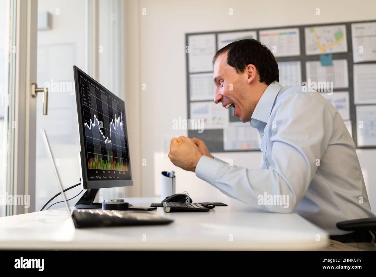 Excited Stock Market Broker Watching Screens And Trading Stock Photo ...