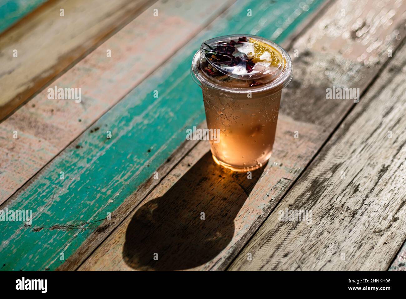 Fresh summer soft drink mocktail pour in recycle bioplastic glass Stock ...