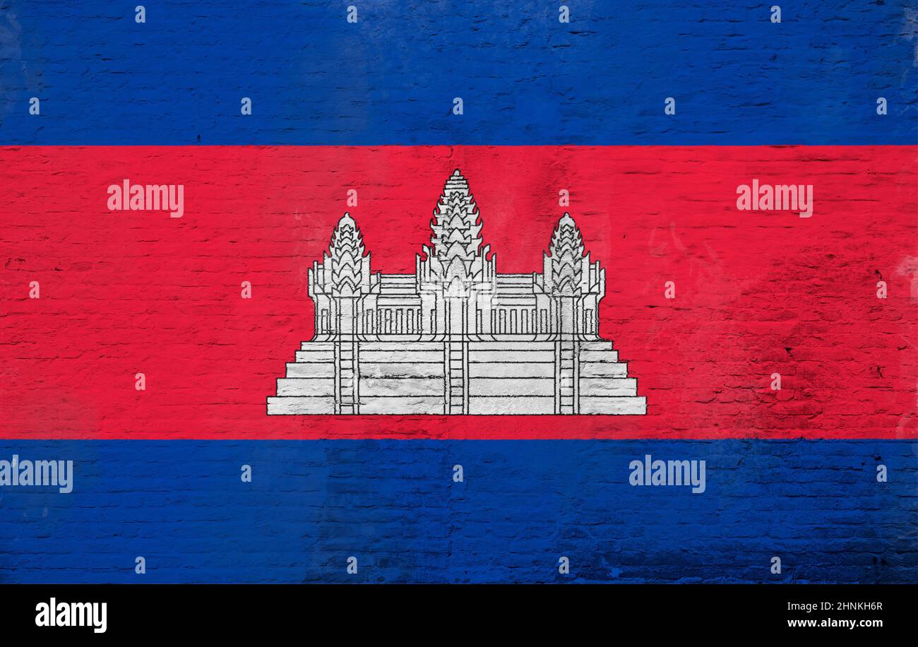 Full frame photo of a weathered flag of Cambodia painted on a plastered ...