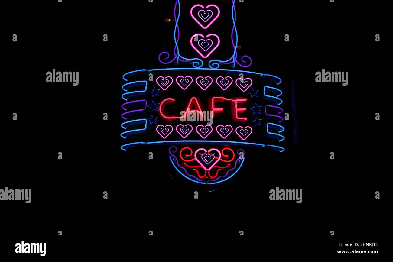 Vintage Neon Cafe Sign on Small Town Restaurant Stock Photo - Alamy