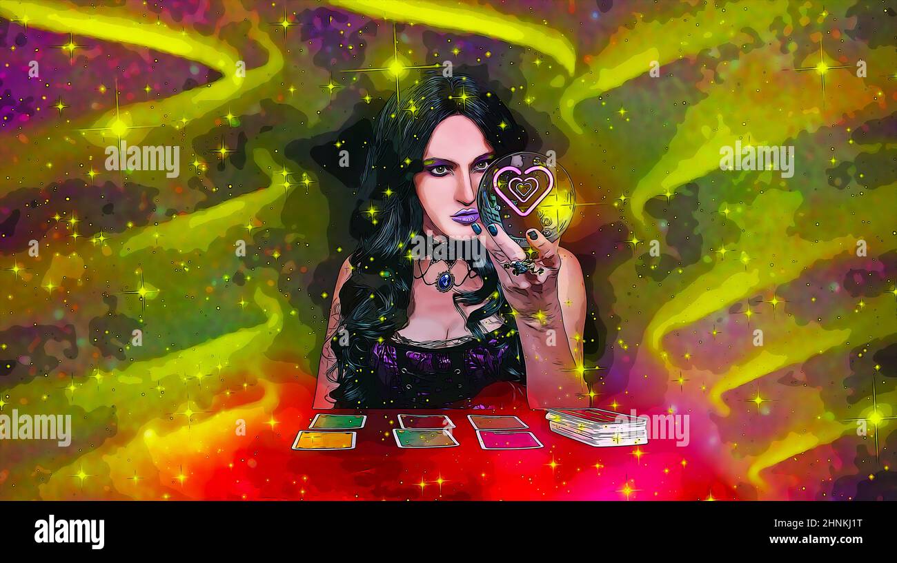Psychic with Crystal Ball. and tarot cards on Galaxy Background Stock ...