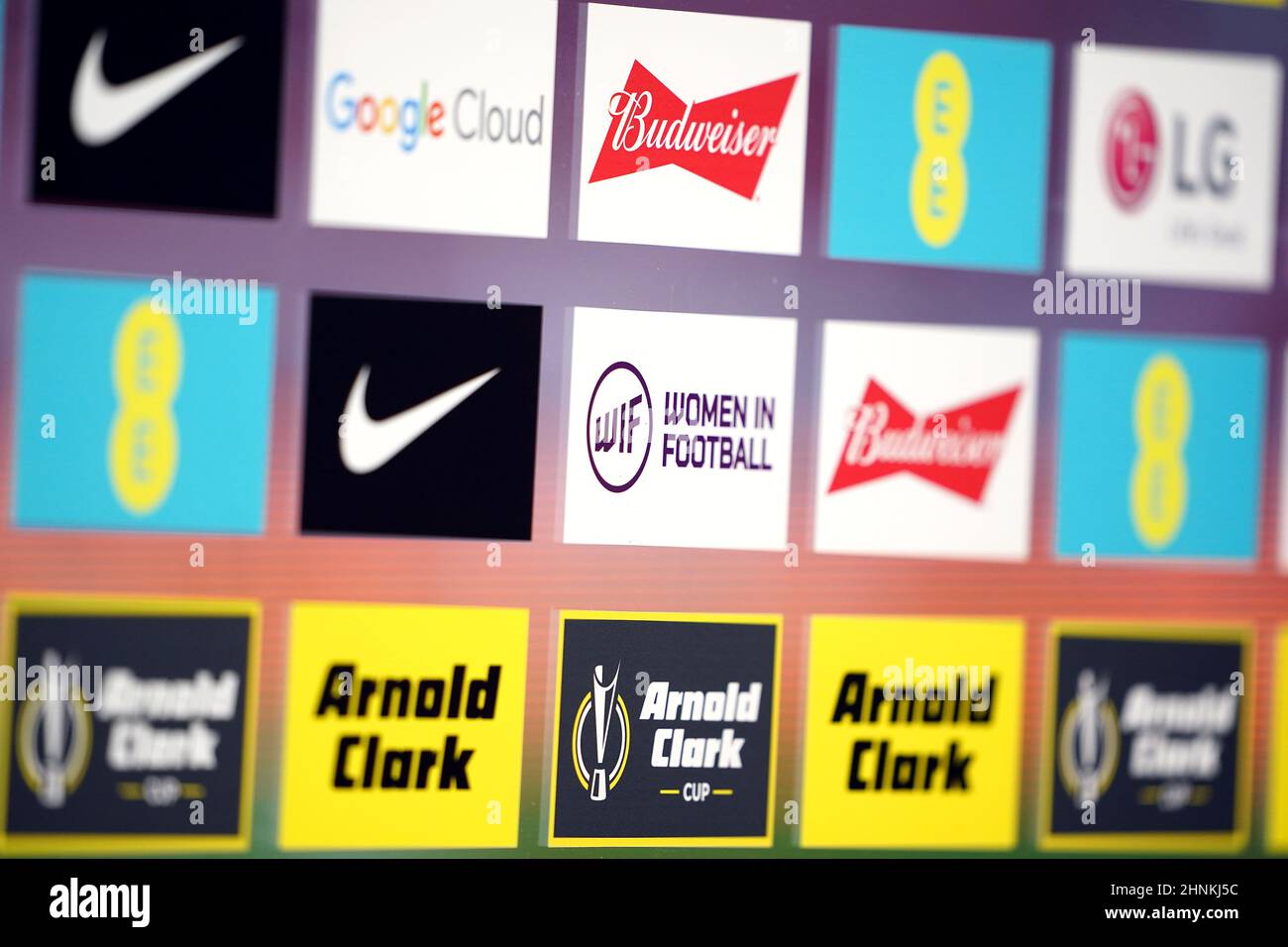 Sponsors advertising board for the interviews during the Arnold Clark ...