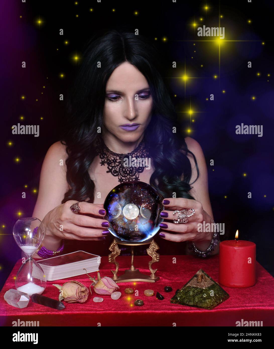 Psychic with Crystal Ball. and tarot cards on Galaxy Background Stock ...