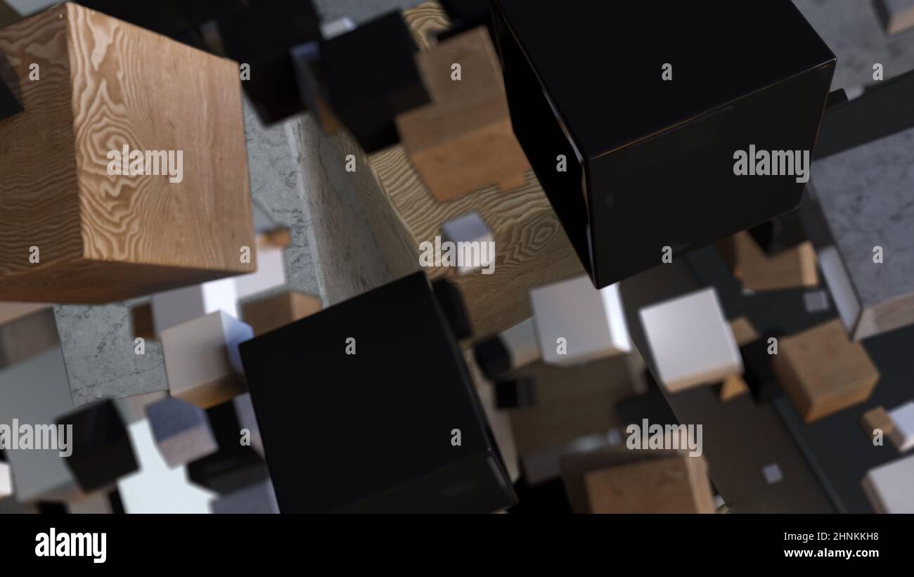 Square wooden 3d render boxes in digital space. Geometric solid plastic ...