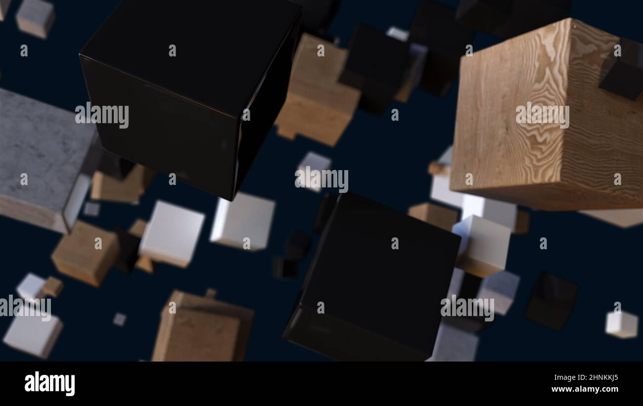 Square wooden 3d render boxes in digital space. Geometric solid plastic ...