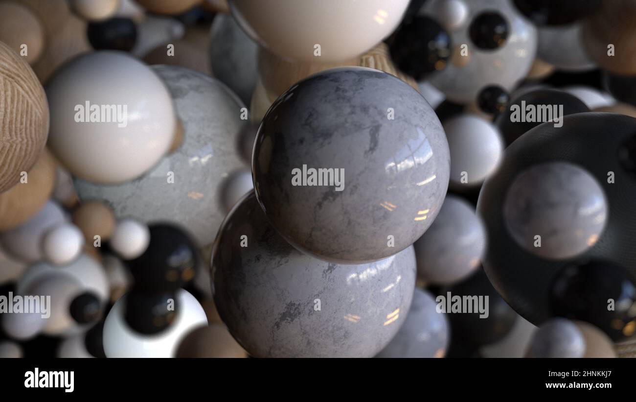 Marble stone 3d render balls falling into void. Wooden embossed bubbles ...