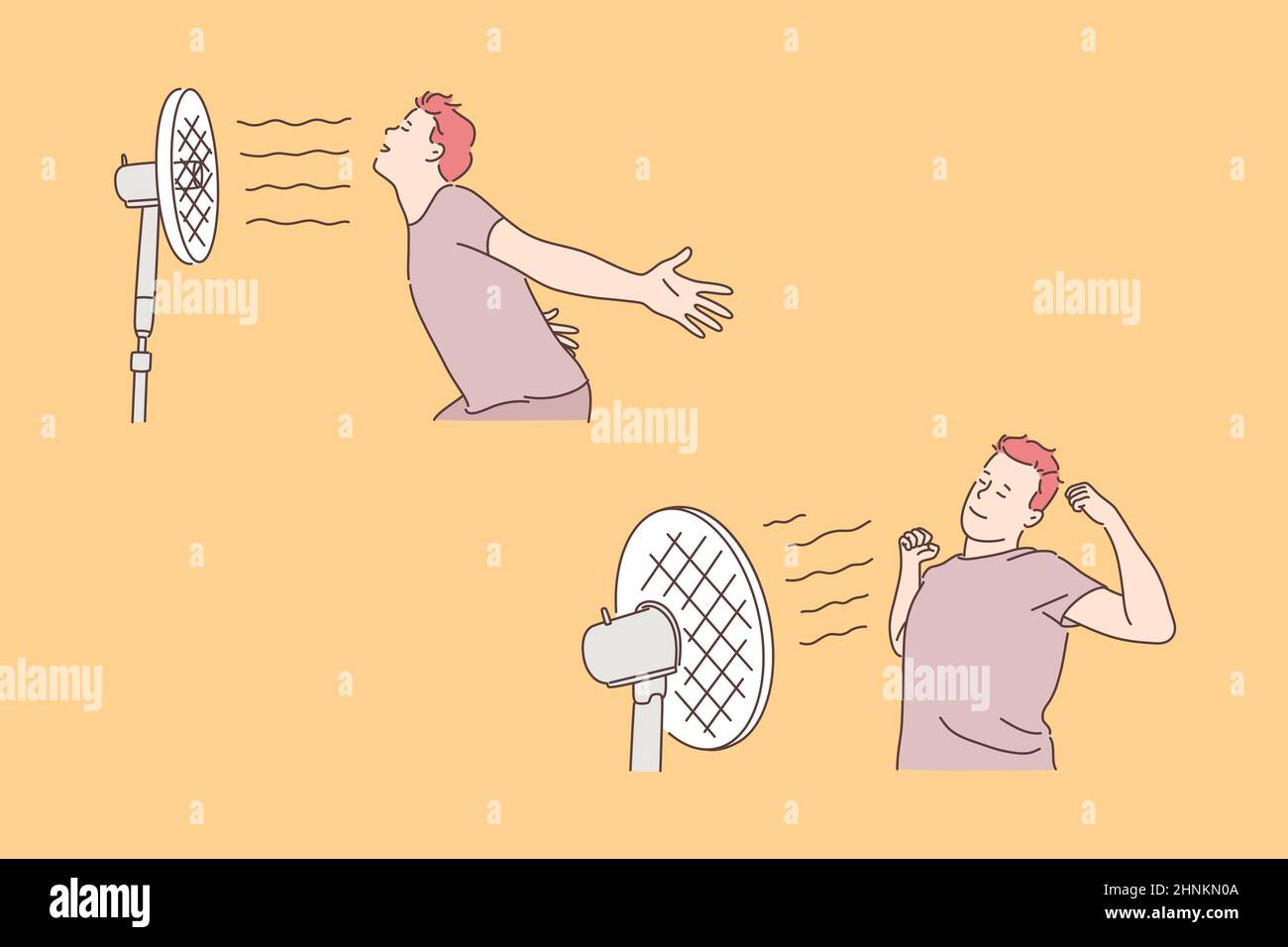 Young man with ventilator, coolness and freshness concept. Heat ...