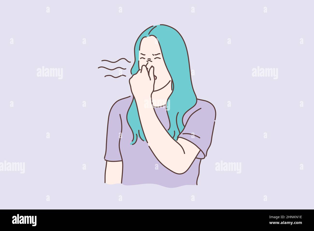 Stink, smell, disgust concept. Young unhappy dissatisfied woman covers ...