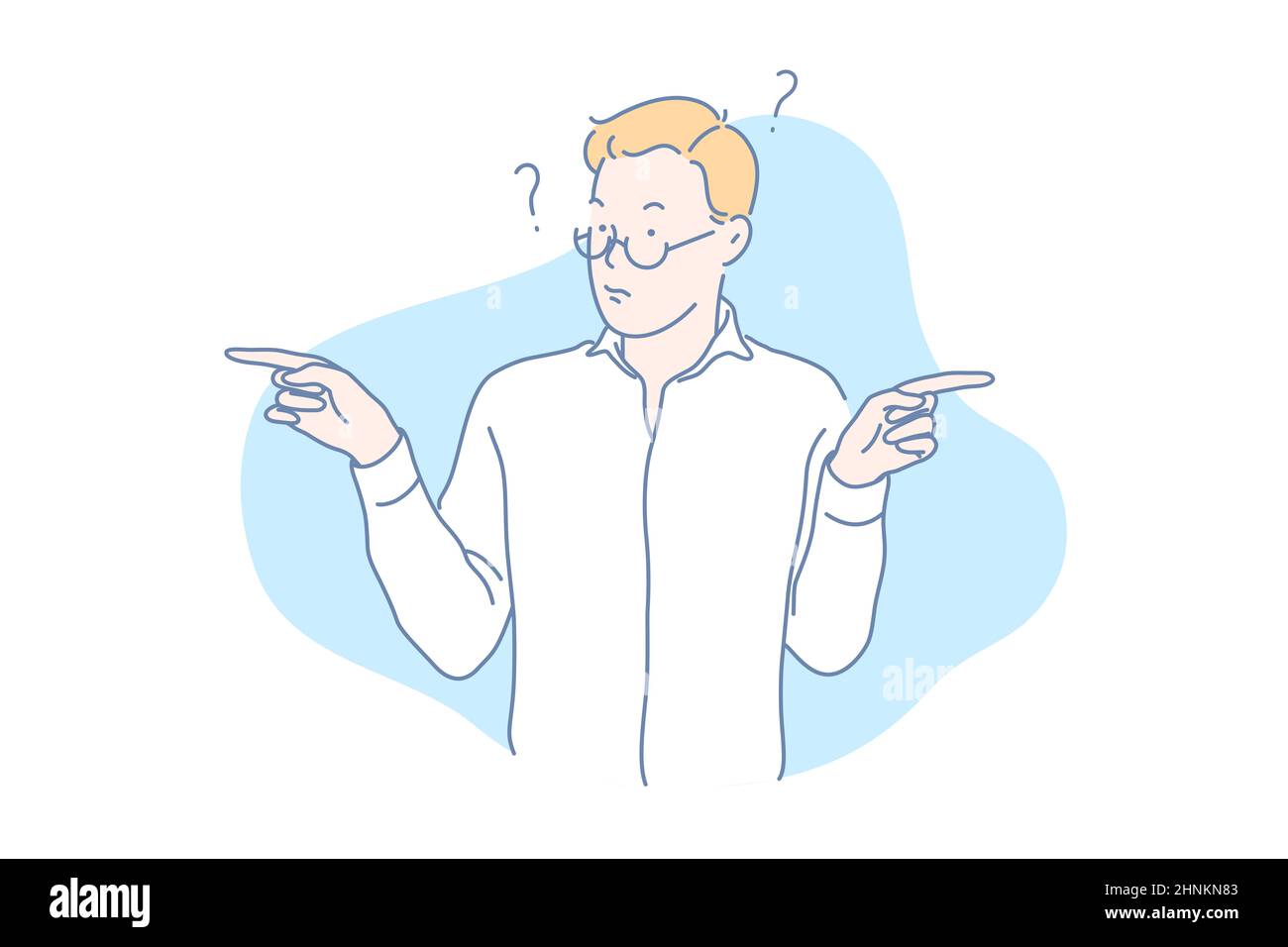 Confused guy showing fingers in different directions concept. Puzzled ...