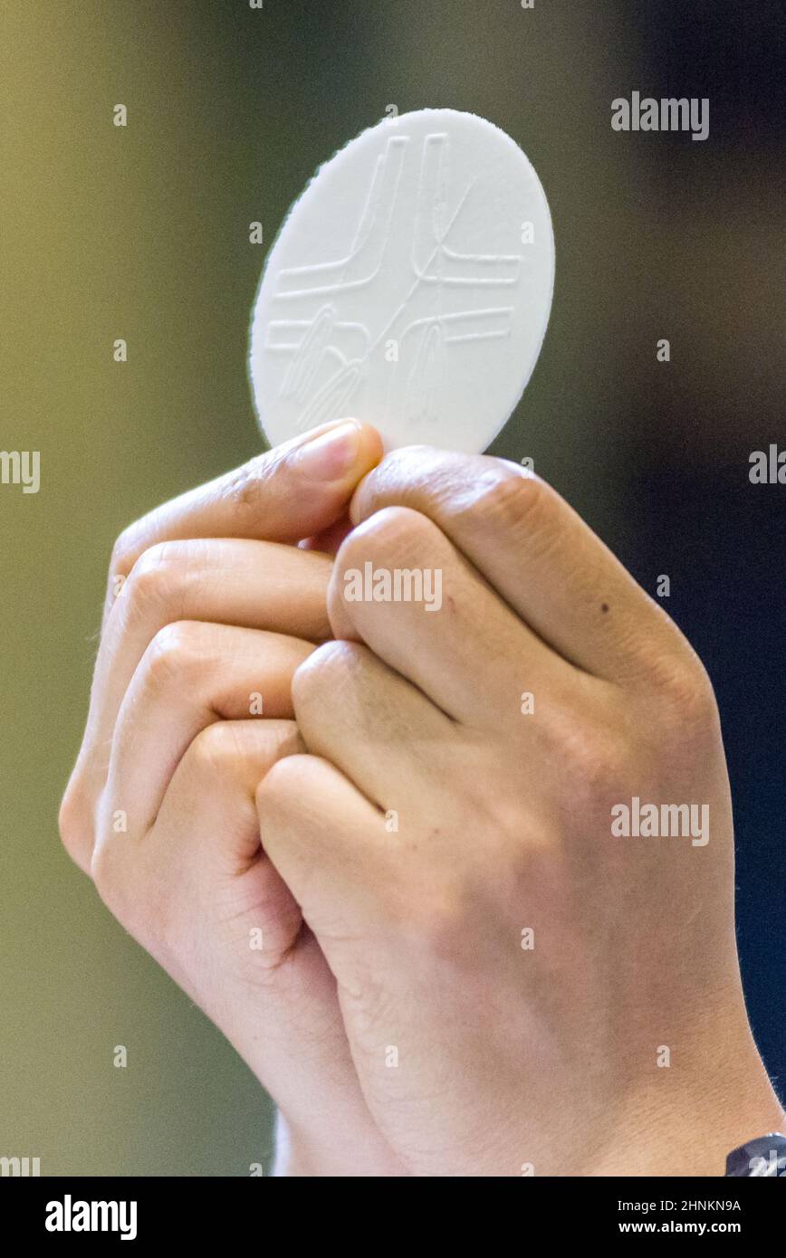 The Holy Bread rite, during the Mass, in a catholic church Stock Photo ...