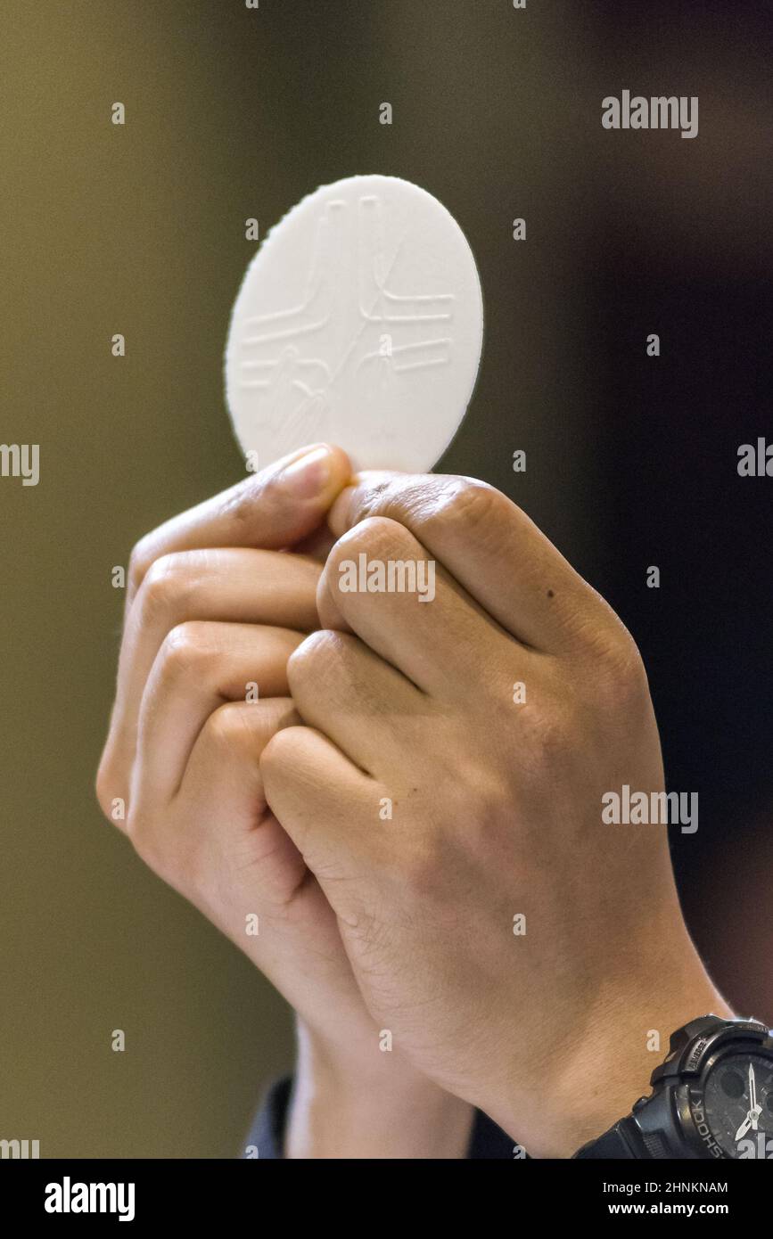 The Holy Bread rite, during the Mass, in a catholic church Stock Photo ...