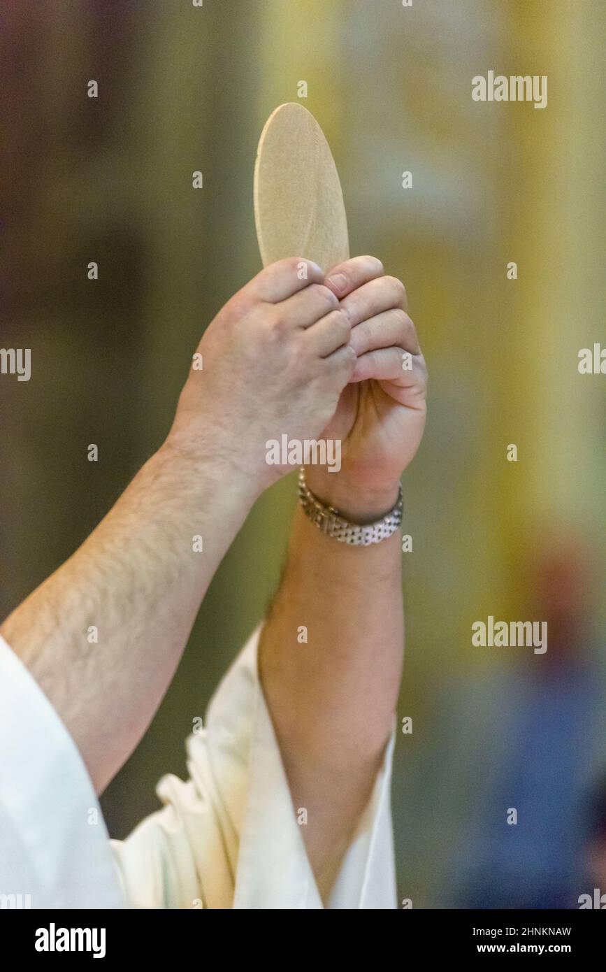 The Holy Bread rite, during the Mass, in a catholic church Stock Photo ...
